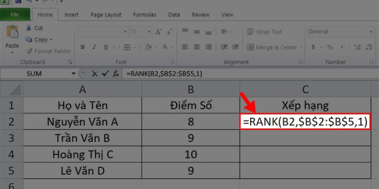 3 bước sử dụng hàm Rank Excel sắp xếp thứ hạng nhanh chóng